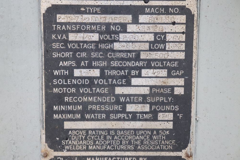 Taylor Winfield C-18 7-1/2 KVA Foot Operated Water Cooled Spot Welder ...
