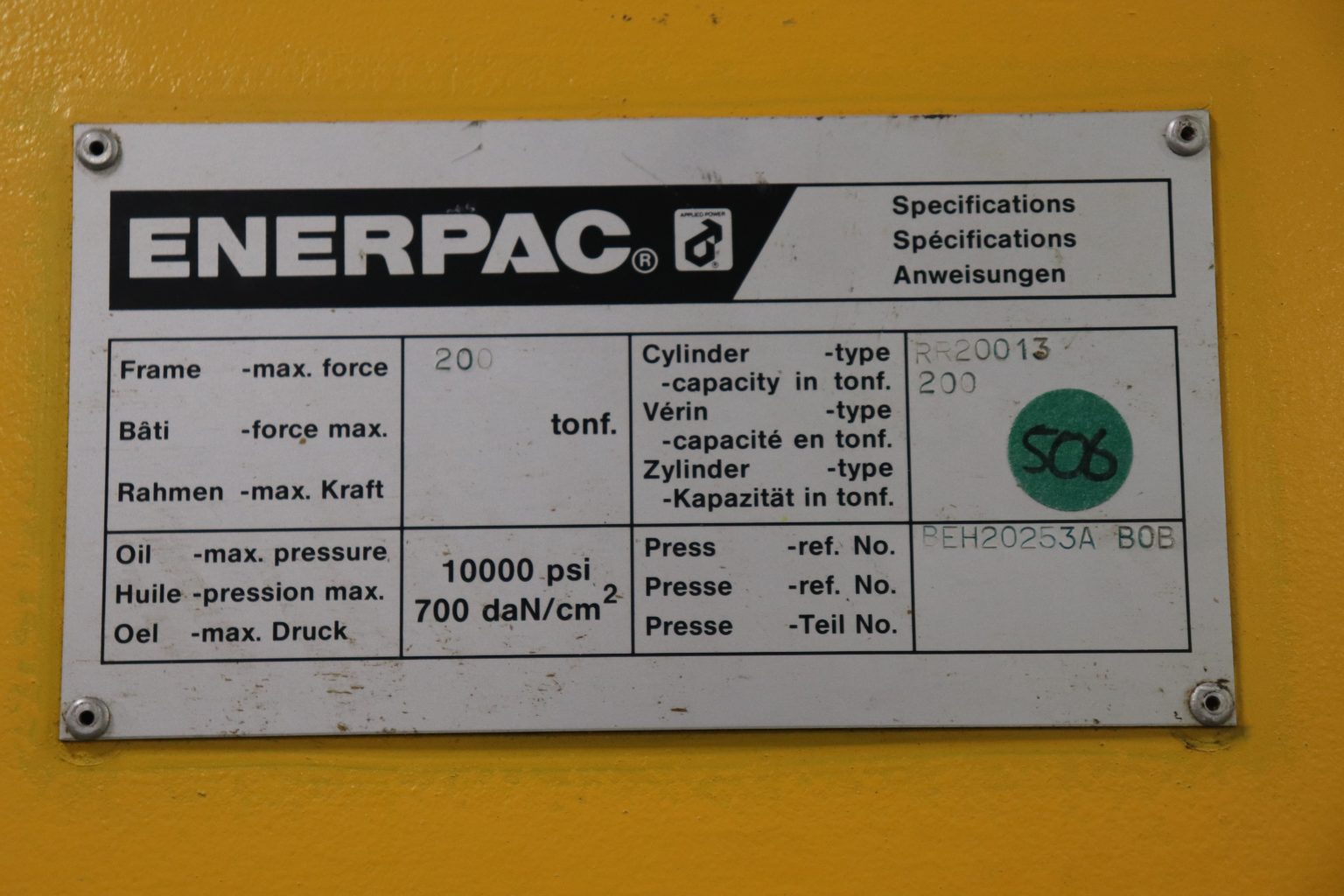 Enerpac 200 Ton H-Frame Electric Hydraulic Load Cell Test Press - The ...