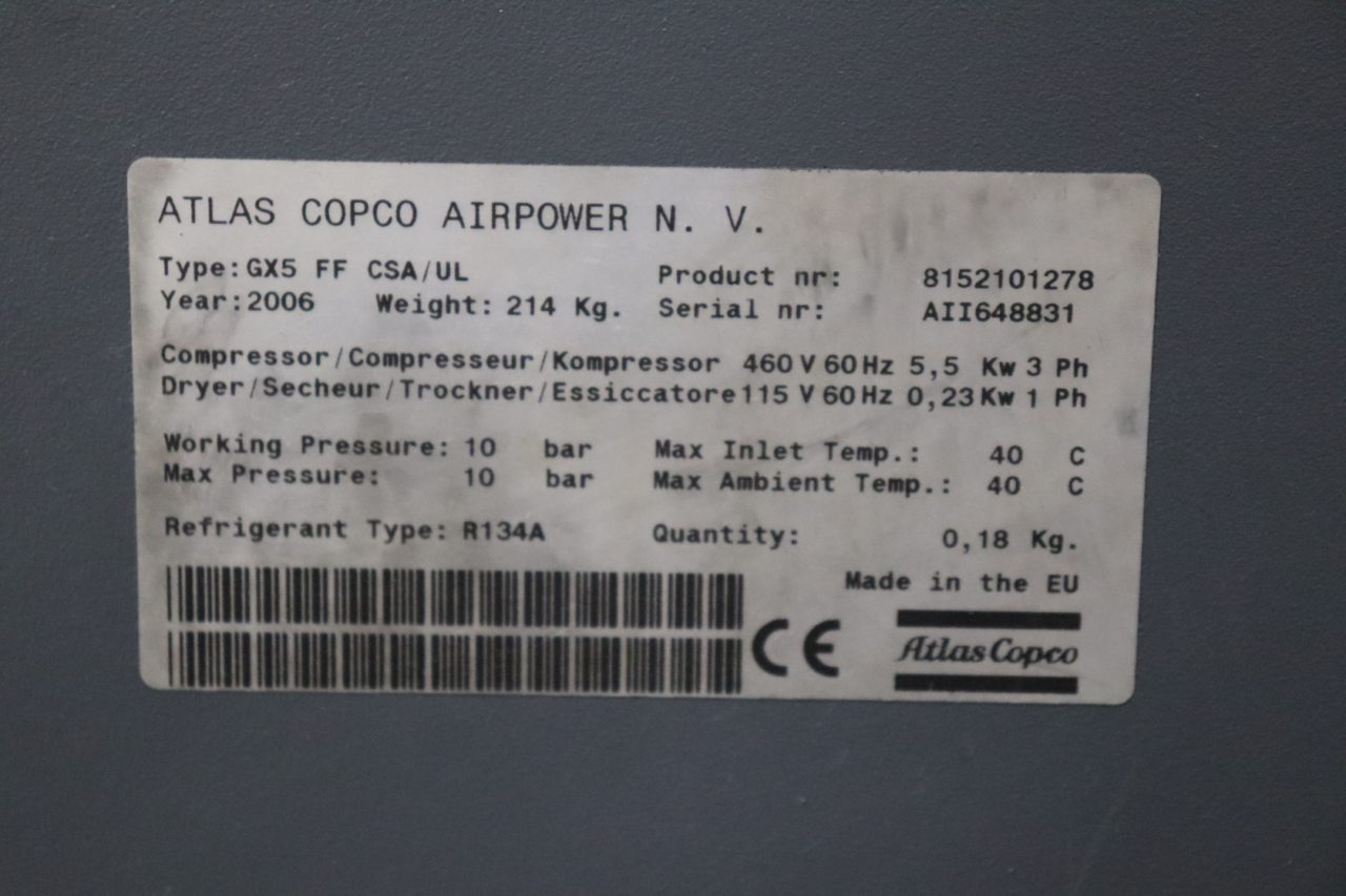 Atlas Copco GX5FF Rotary Screw Air Compressor w/ Dryer - The Equipment Hub